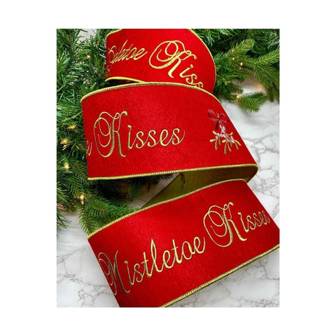 Shop our 4" Embroidery Mistletoe Kisses Felt Ribbon: Red