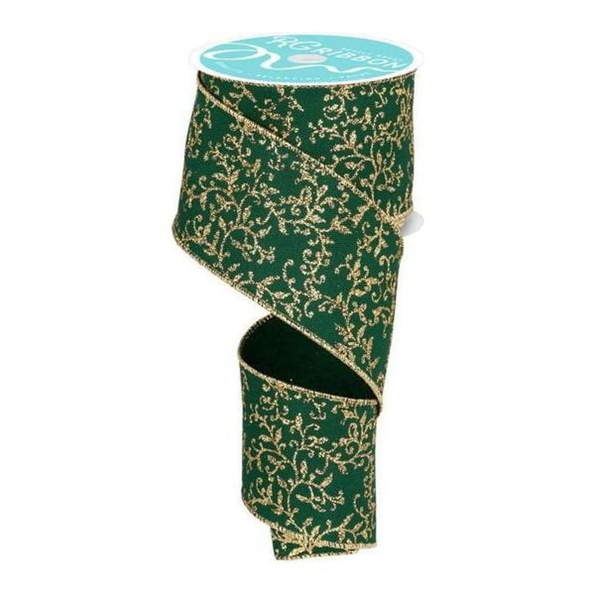 Shop our 2.5" Glitter Mini Leaf Vines Ribbon: Hunter Green/Gold (10 ...