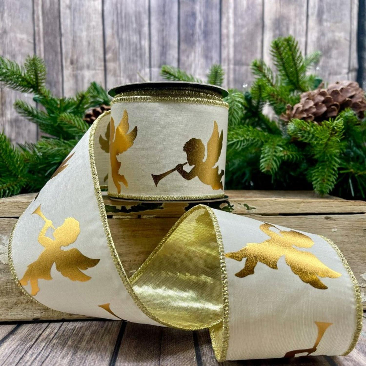 Shop our 3" Taffeta Gold Foil Trumpet Angels Ribbon: White (10 Yards)